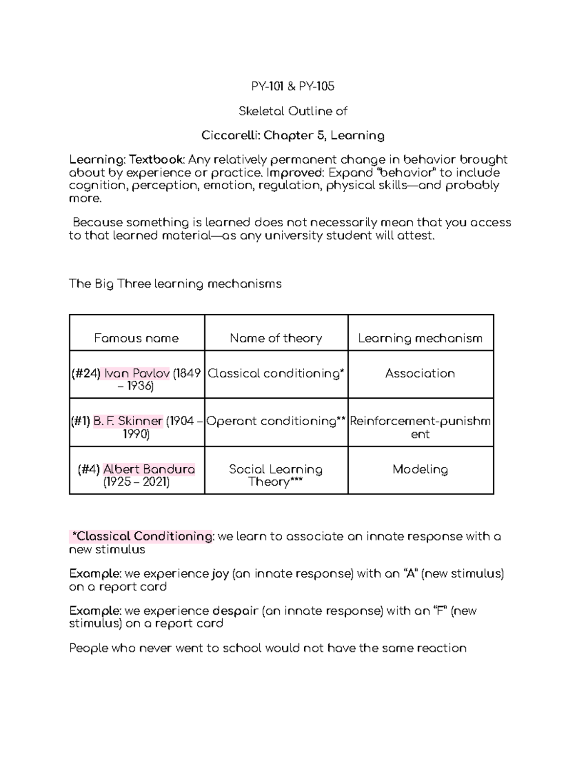 PY 105-Chapter 5 Notes - PY-101 & PY- Skeletal Outline of Ciccarelli ...