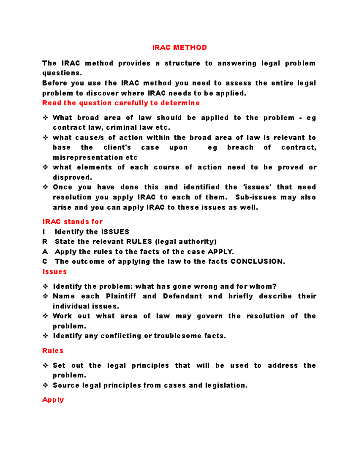 IRAC Method - Before you use the IRAC method you need to assess the ...