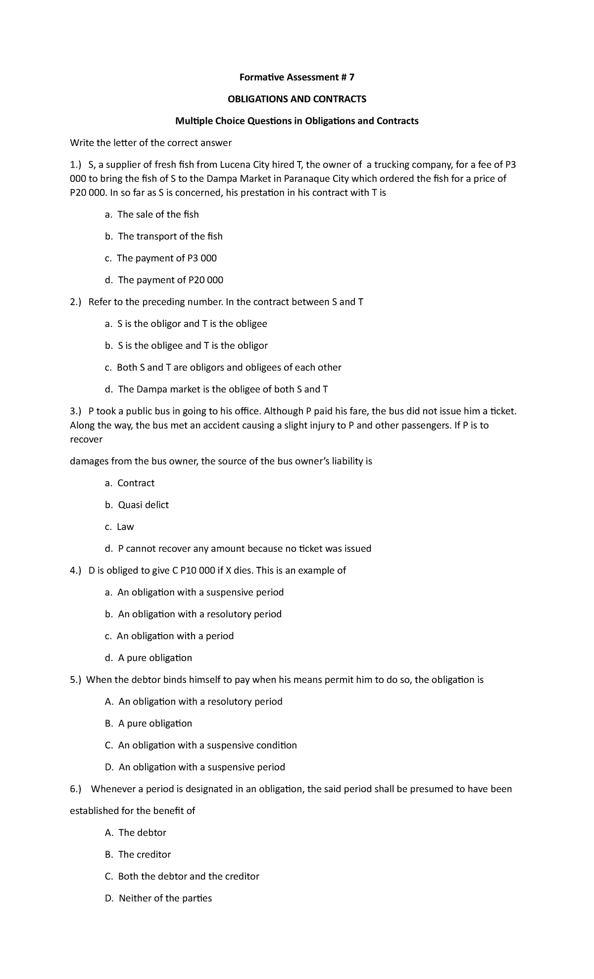 Preparatory Assessment 7 2 - Formative Assessment # 7 OBLIGATIONS AND CONTRACTS Multiple Choice ...