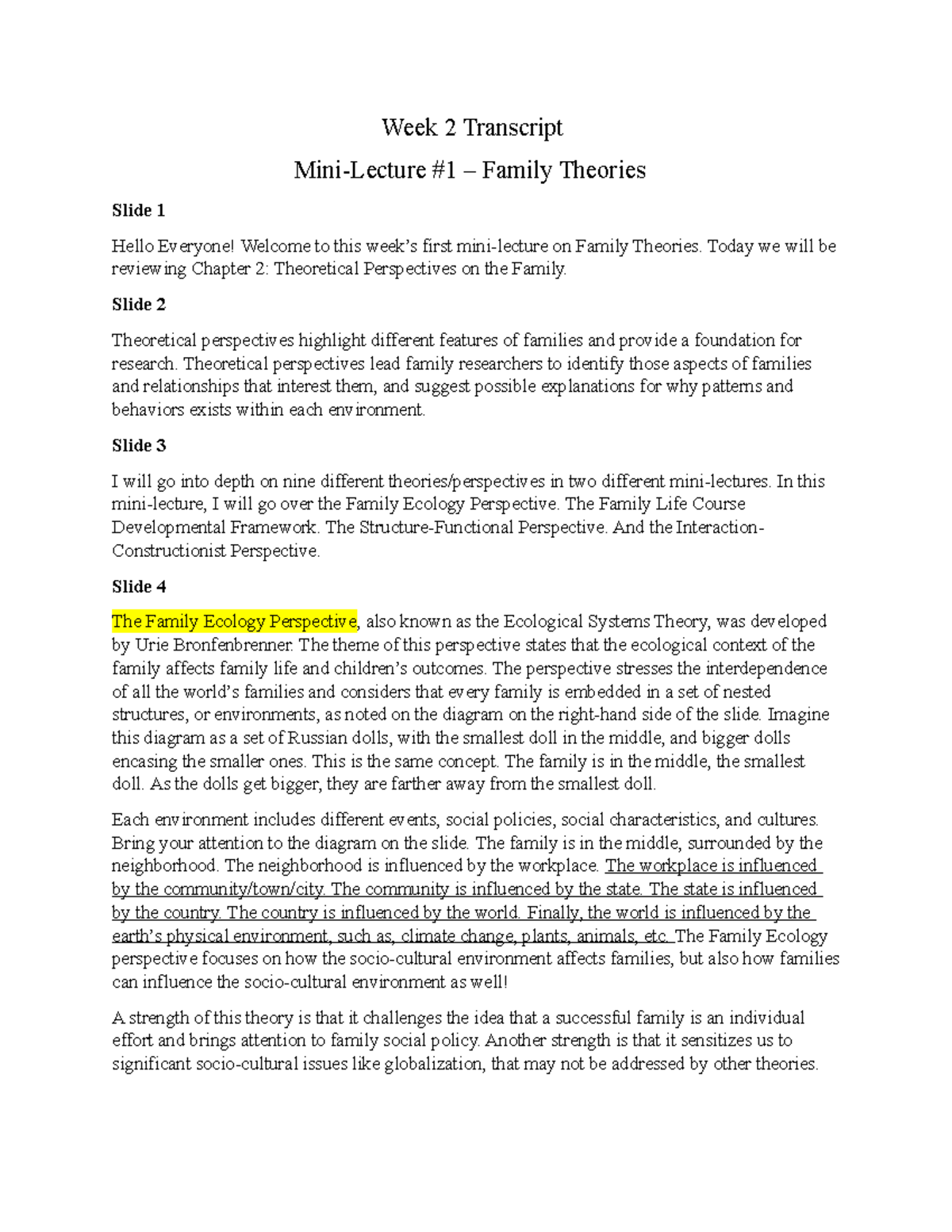 Chdv 1200 week 2 Family Theories Transcript Lecture #1 and #2 - Week 2 Transcript Mini-Lecture ...