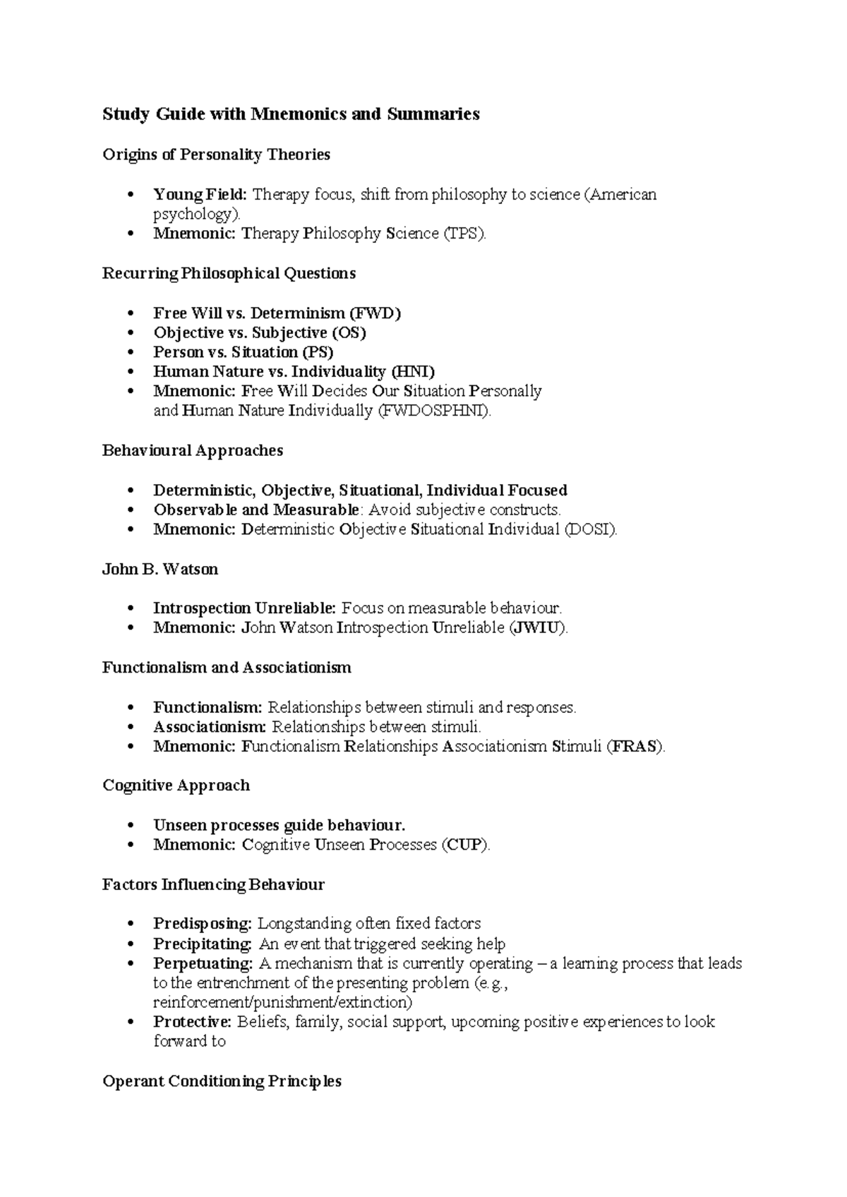 PYB309: Lecture Recap and Summaries: Week 1 - Week 13 - Study Guide with Mnemonics and Summaries ...