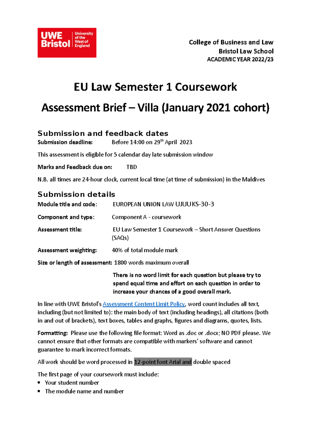 EU LAW - LLB - Coursework ONE (SAQs) 2022-2023 - Assessment Brief (VILL - College of Business ...
