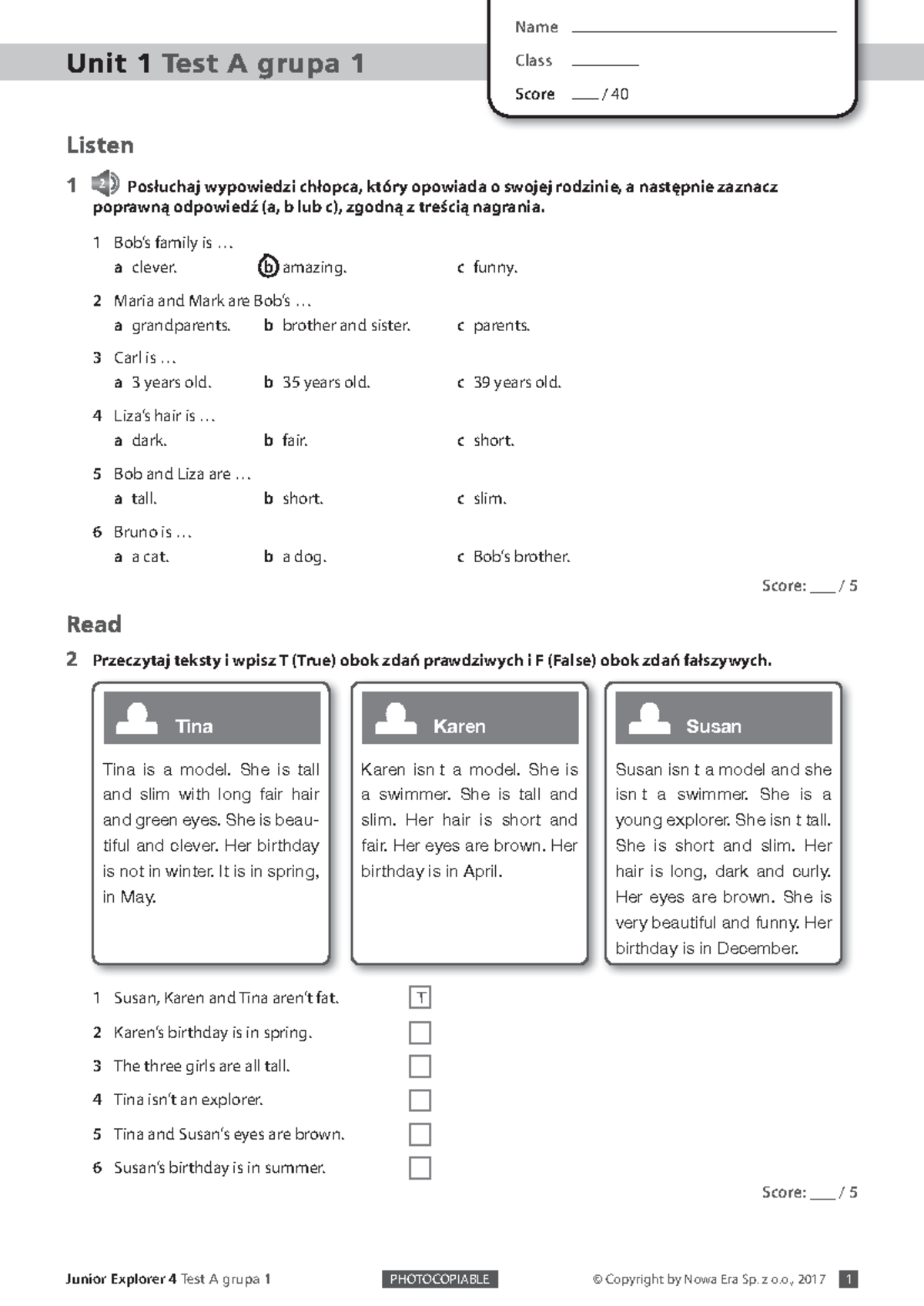 Unit 1 test A grupa 1 - angielski - Junior Explorer 4 Test A grupa 1 ...