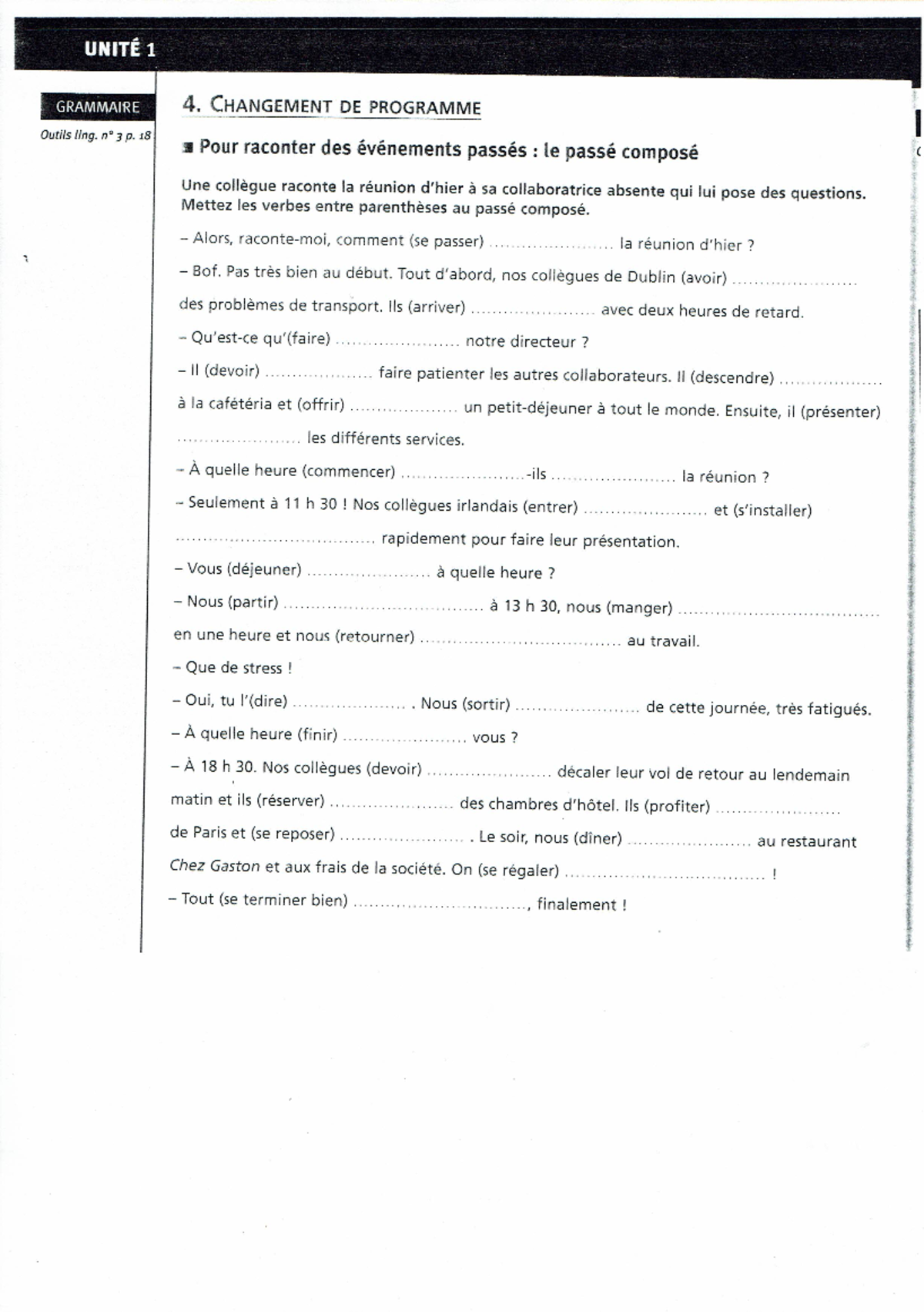 Exercices passé composé Cahier dactivités - UNITÉ 1 GRAMMAIRE 4 ...