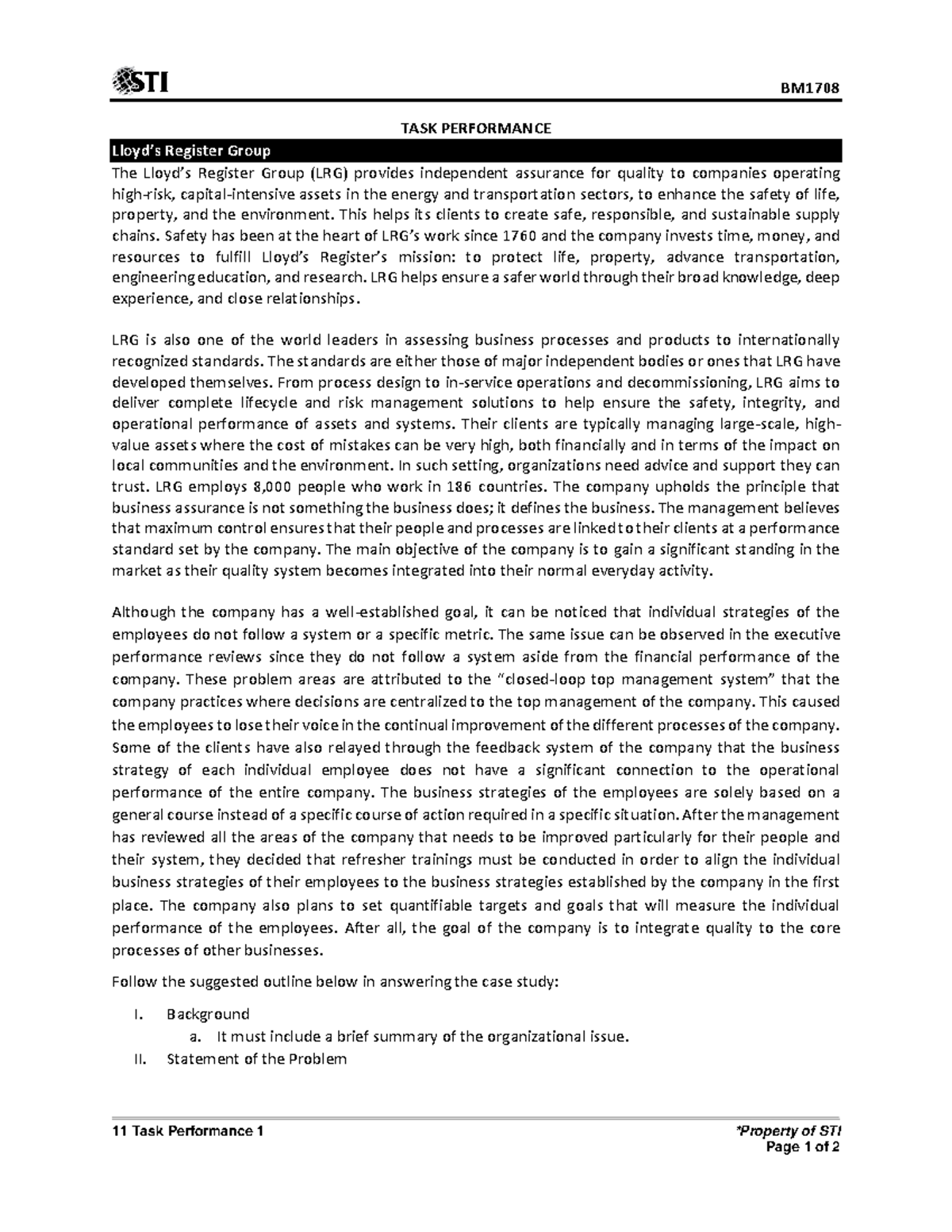 11 Task Performance 1(4) - BM 11 Task Performance 1 *Property of STI ...