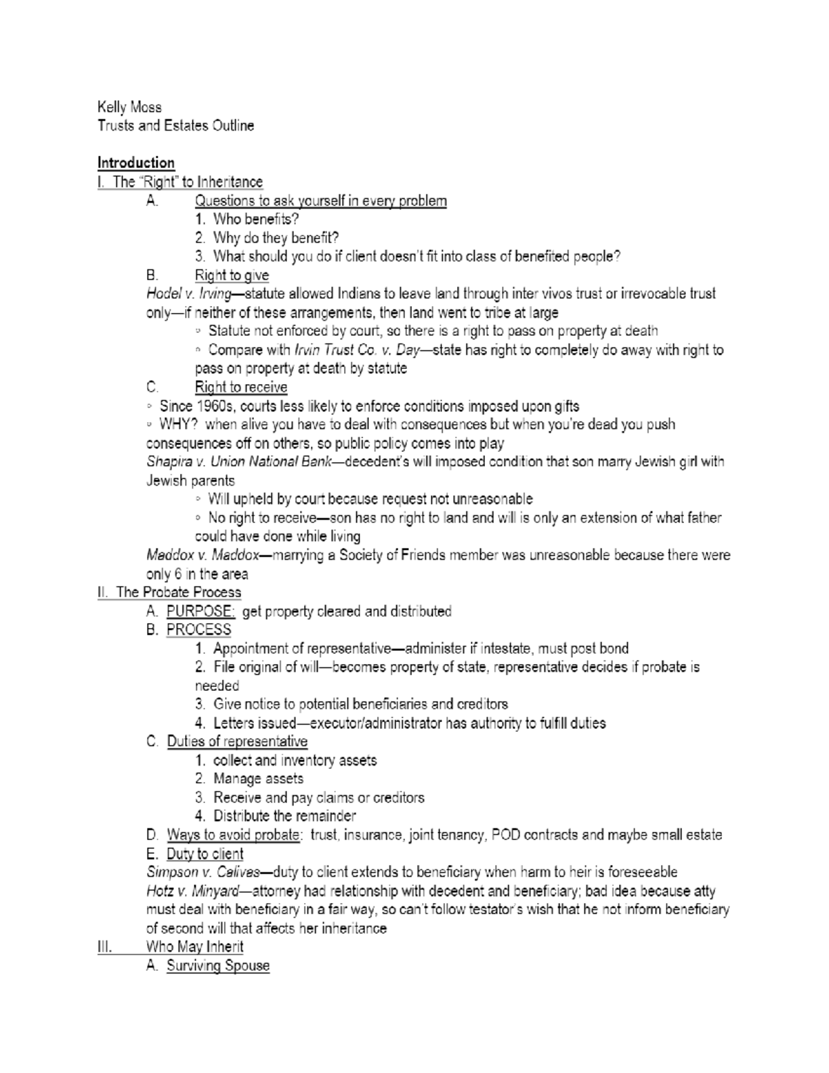 Kelly Moss Trusts and Estates Outline I. The “Right” to Inheritance ...