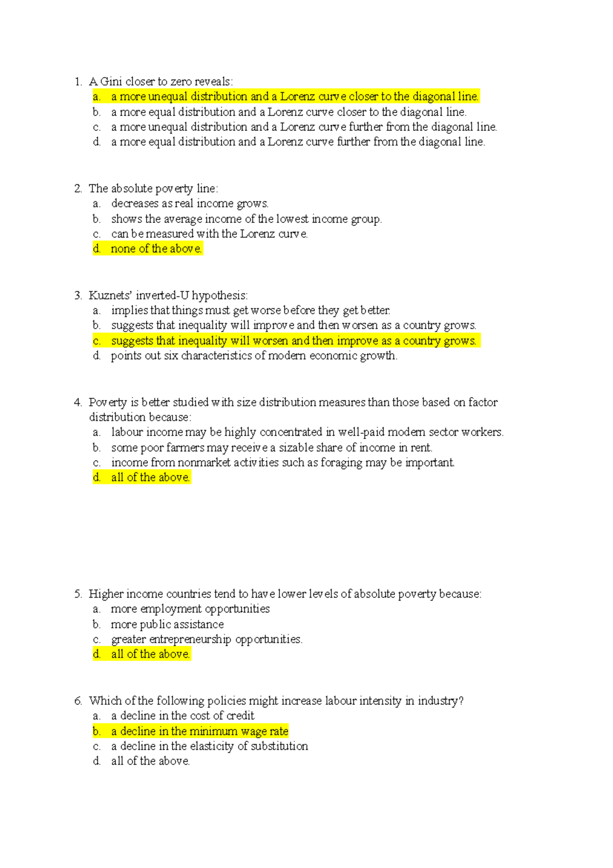 ECON2560 week 3 - A Gini closer to zero reveals: a. a more unequal ...