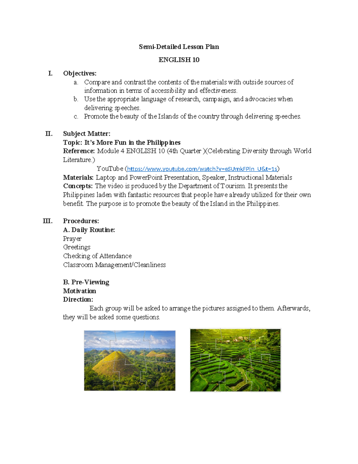 Semi-Detailed LP Pang Final DEMO -THS English 10 - Semi-Detailed Lesson Plan ENGLISH 10 I. - Studocu