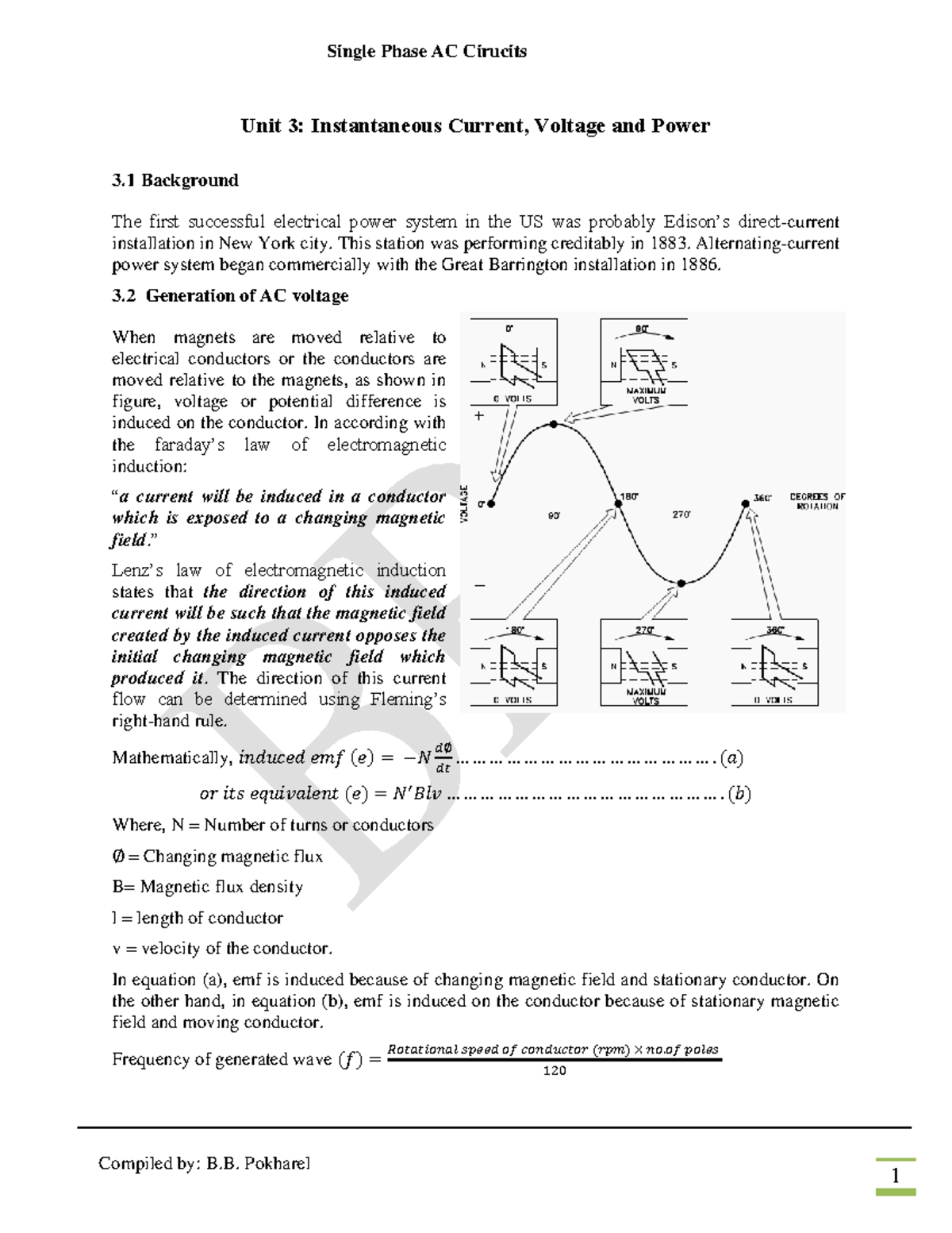 Unit 3 Alternating Circuits - Compiled by: B. Pokharel Unit 3: Instantaneous Current, Voltage ...