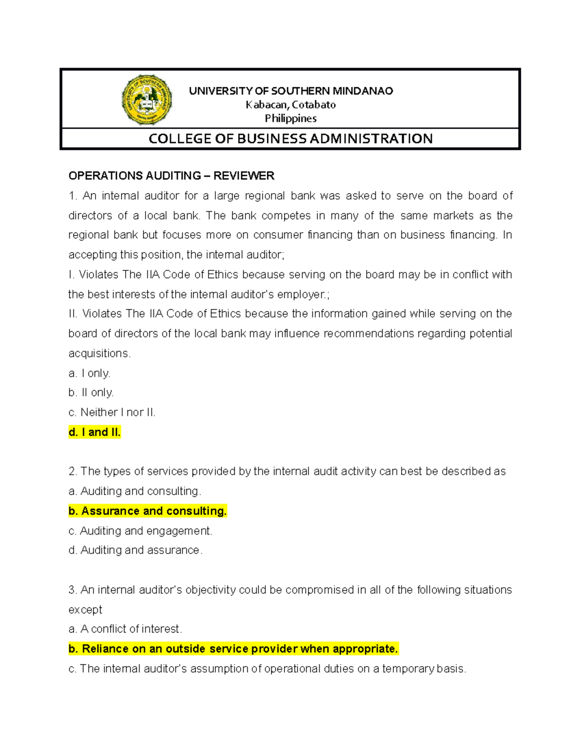 Operations Auditing Reviewer - UNIVERSITY OF SOUTHERN MINDANAO Kabacan ...