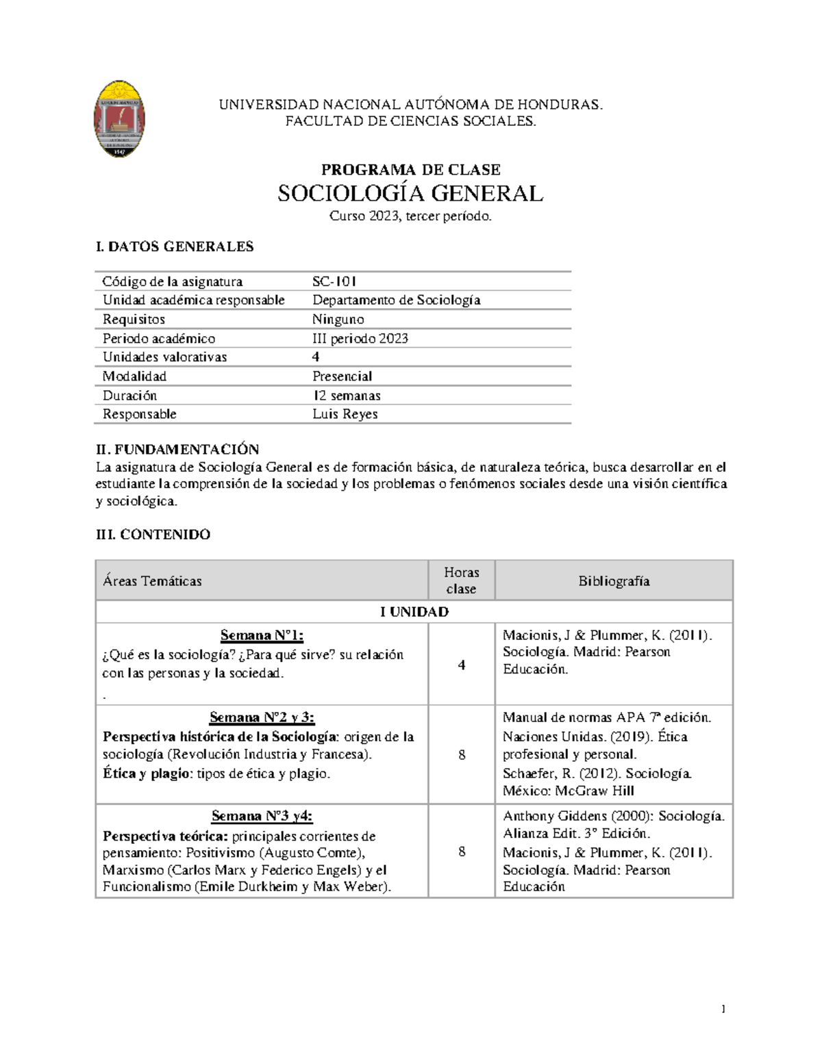 Programa de Clase - Ola - UNIVERSIDAD NACIONAL AUTÓNOMA DE HONDURAS ...