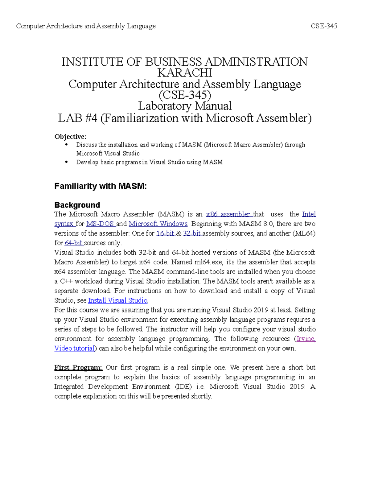 Lab4-MASMand Assembly Intro-converted - Computer Architecture and Assembly Language CSE ...