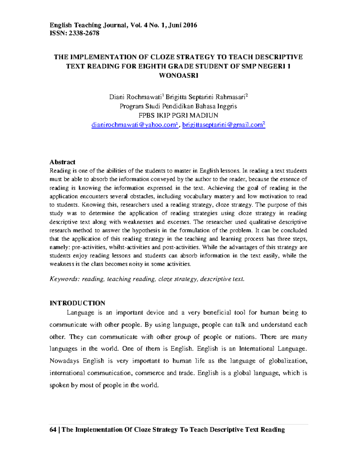 THE Implementation OF Cloze Strategy TO Teach Descriptive TEXT Reading ...