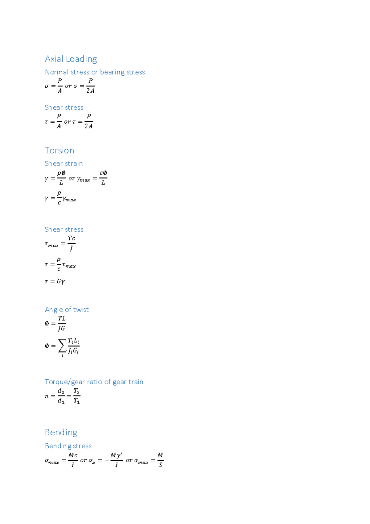 Formula list - Axial Loading Normal stress or bearing stress 𝜎 = 𝑃 𝐴 𝑜𝑟 ...