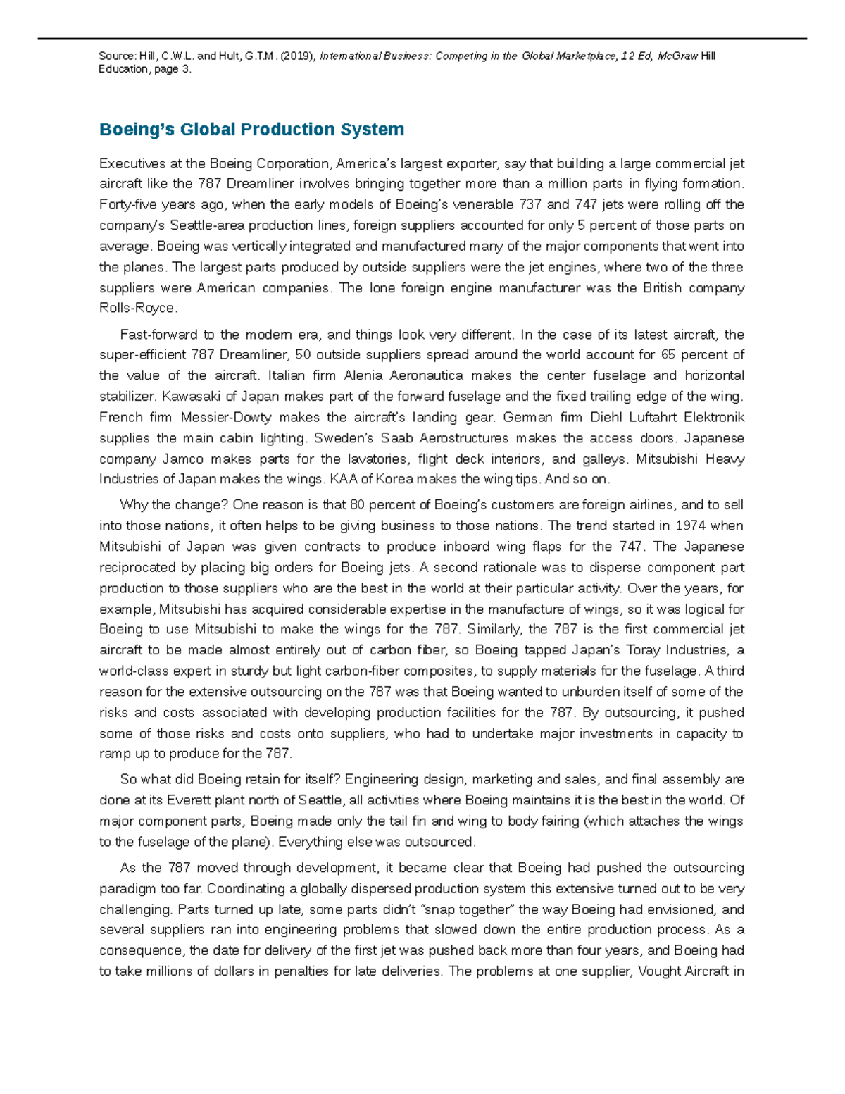 Week 11 Boeing s Global Production System Global Production outsourcing ...