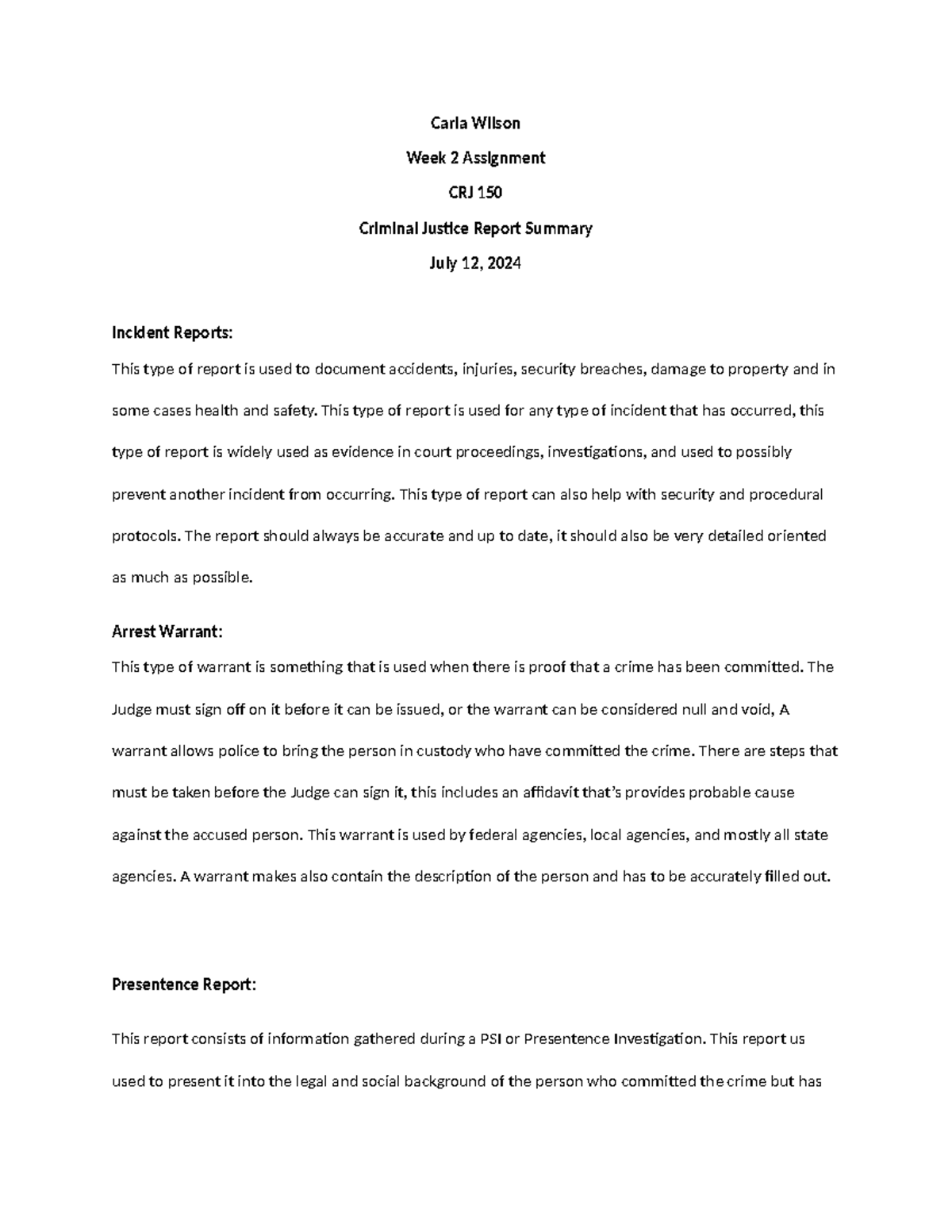 Create a criminal justice report summary - Carla Wilson Week 2 ...