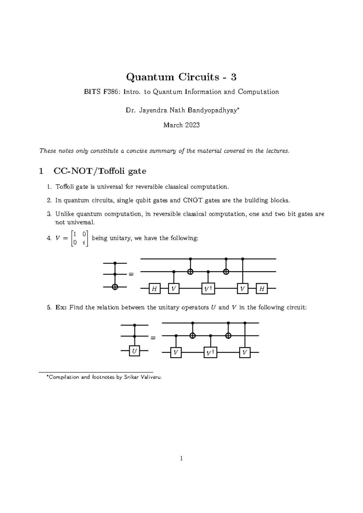 Quantum Circuits 3 Lecture Notes Quantum Circuits 3 Bits F386 Intro To Quantum