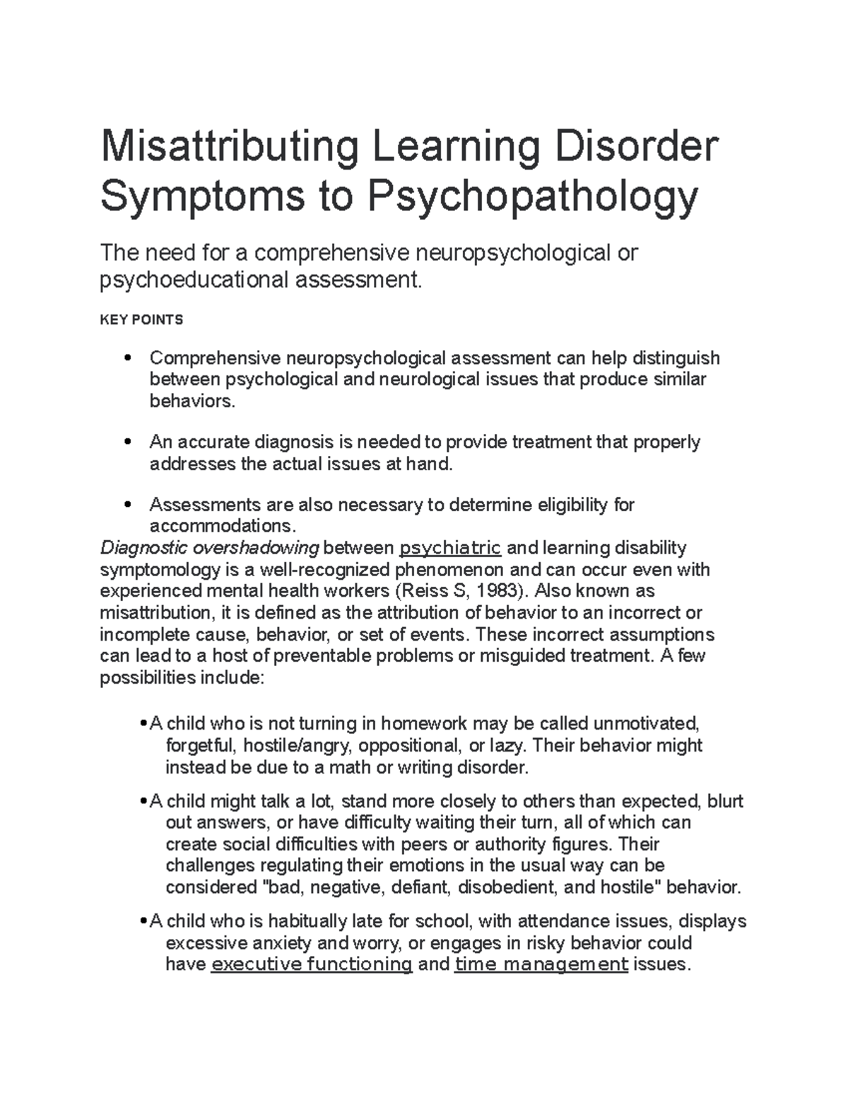 Misattributing Learning Disorder Symptoms to Psychopathology - KEY ...