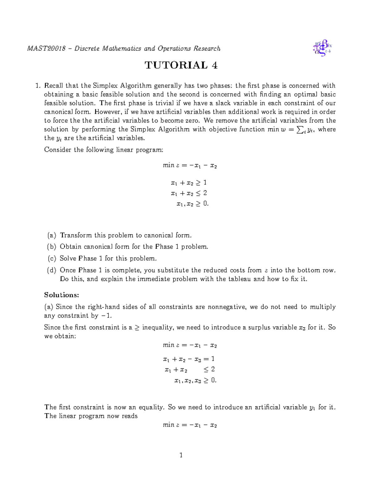 Tutorial-OR04-sol - Tutorial 4 Qns & Ans - MAST20018 Discrete Mathematics and Operations ...