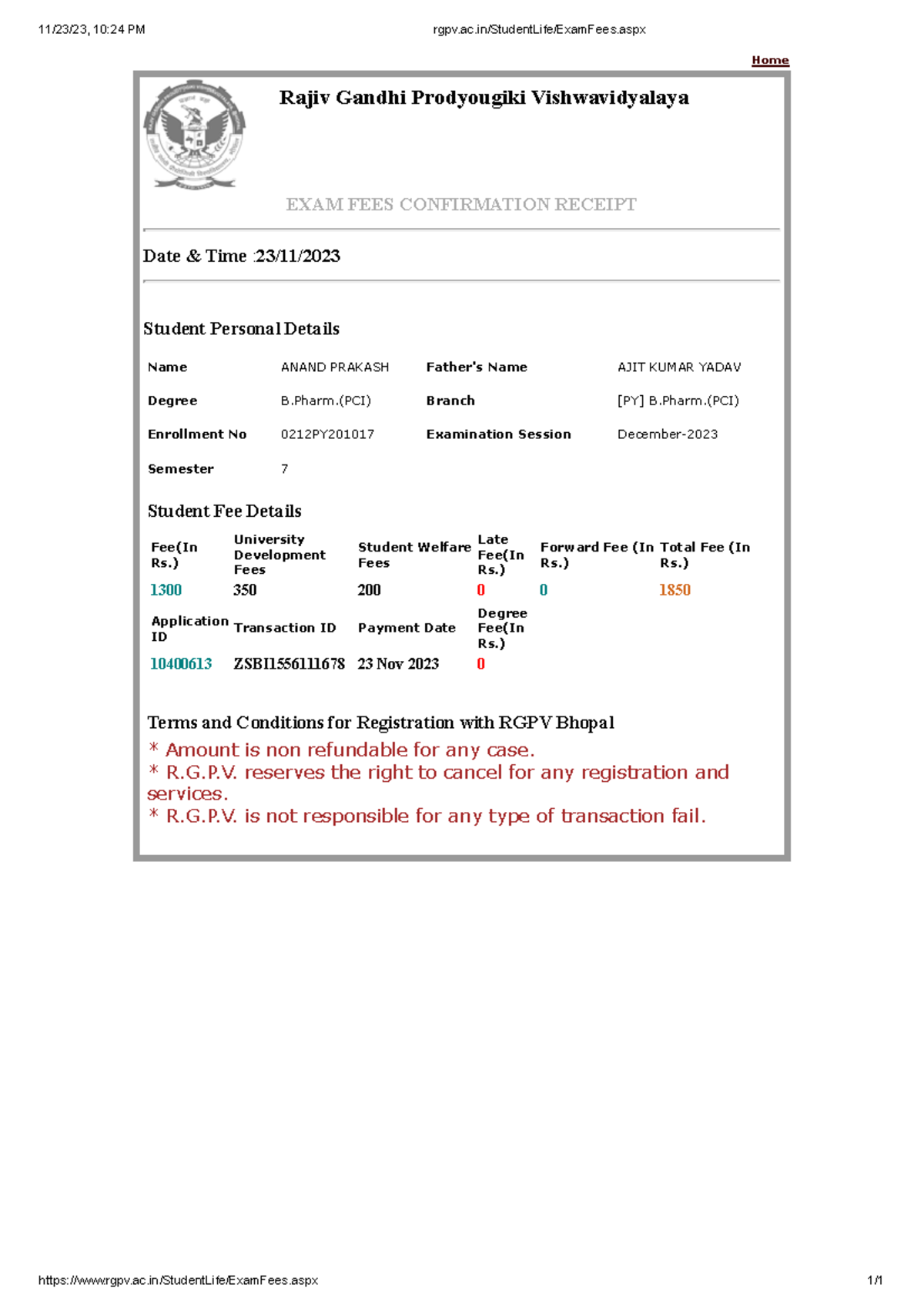Anand payment - 11/23/23, 10:24 PM rgpv.ac.in/StudentLife/ExamFees rgpv ...