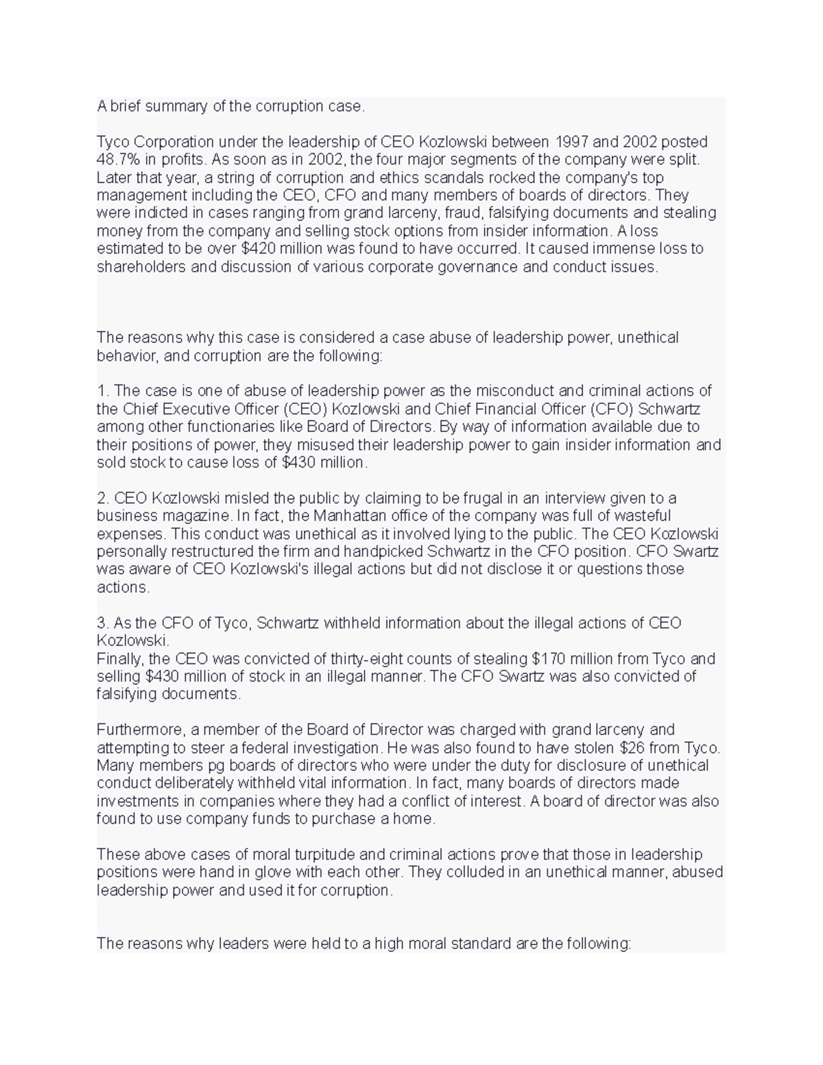 A brief summary of the corruption case - Tyco Corporation under the ...