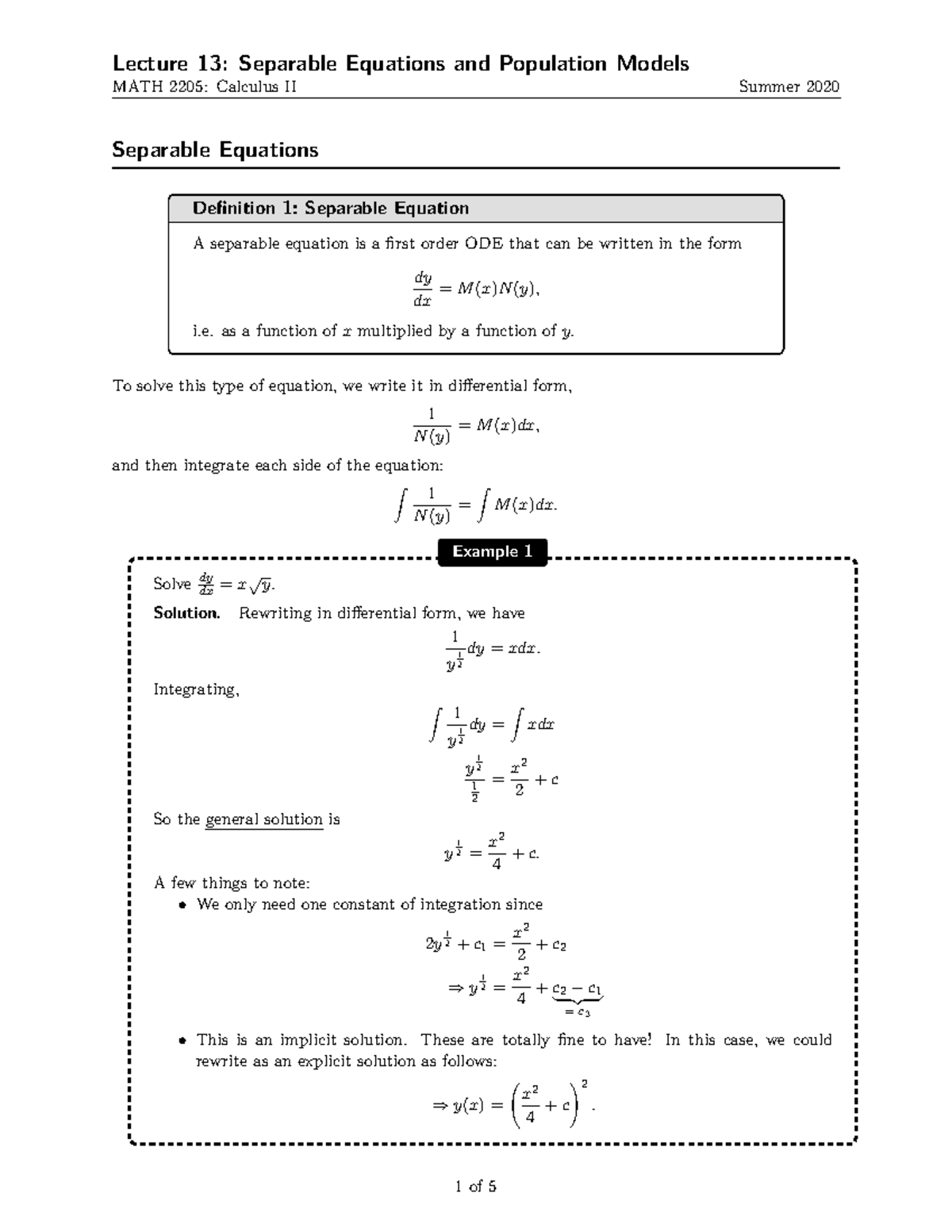 L13 - Separable Equations and Population Models - Lecture 13: Separable ...