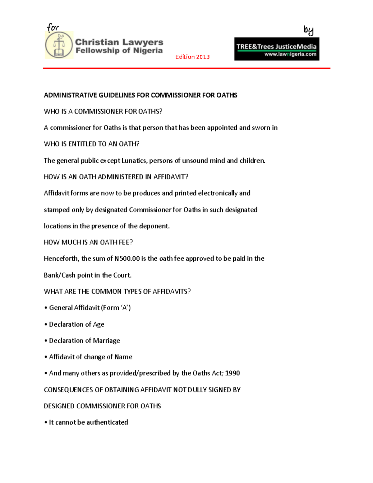 Administrative Guidelines FOR Commissioner FOR Oaths - Edition 2013 for by ADMINISTRATIVE ...