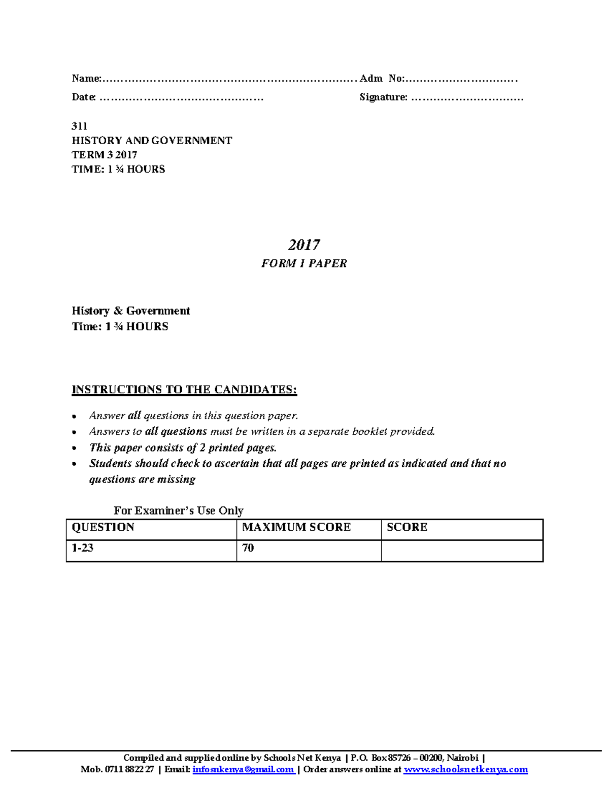 History and government paper form 1 term 3 2017 - Compiled and supplied ...