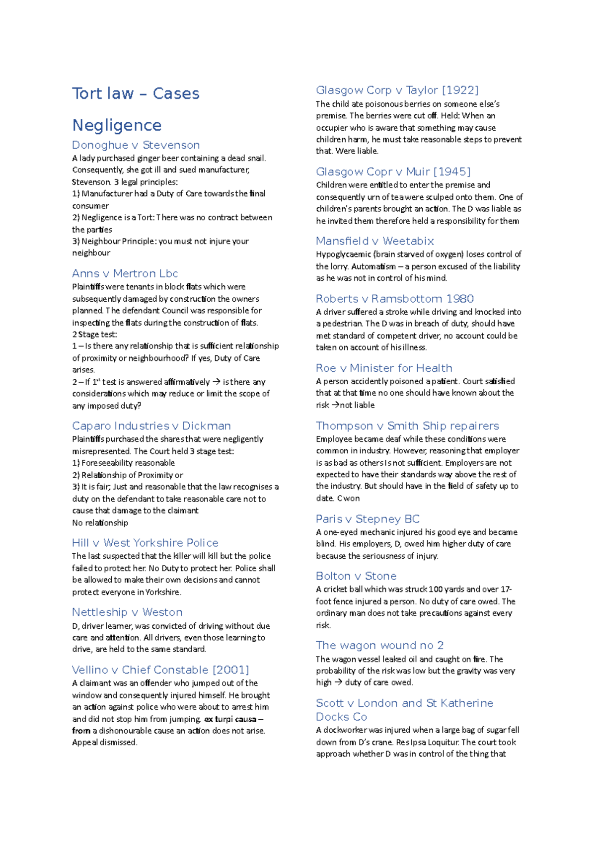 Tort law - cases - case law notes - Tort law – Cases Negligence ...