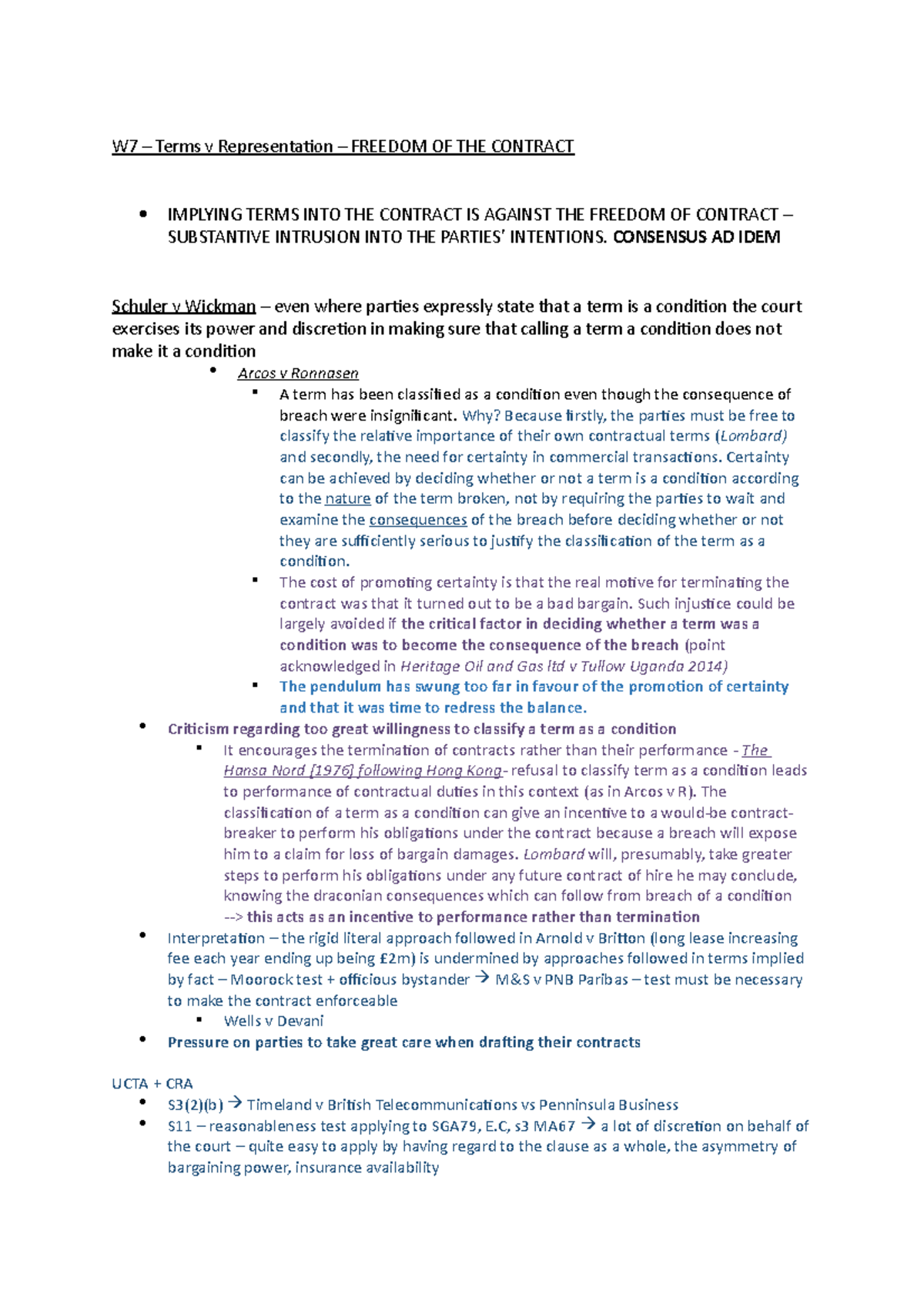 Freedom of contract - essay plan - W7 – Terms v Representation ...