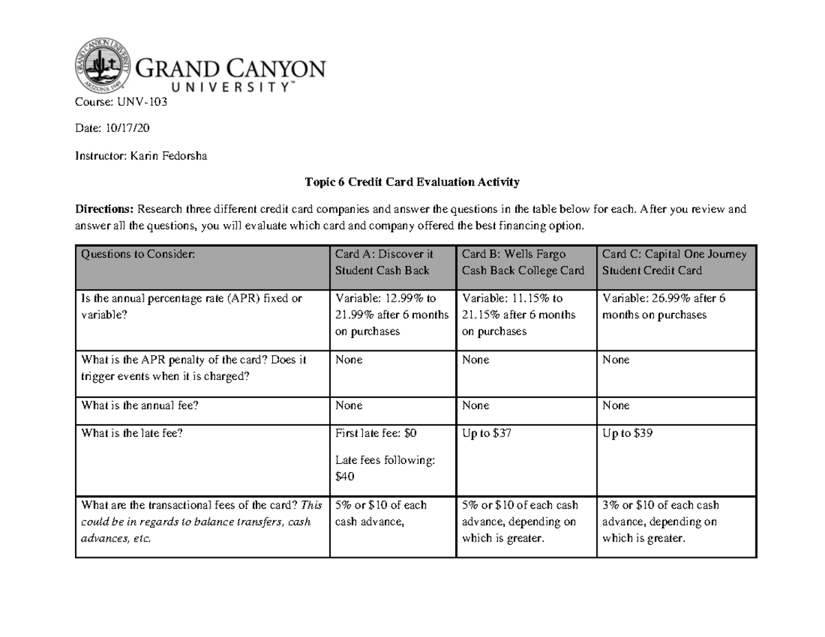 Credit CARD Activity - Course: UNV- Date: 10/17/ Instructor: Karin ...