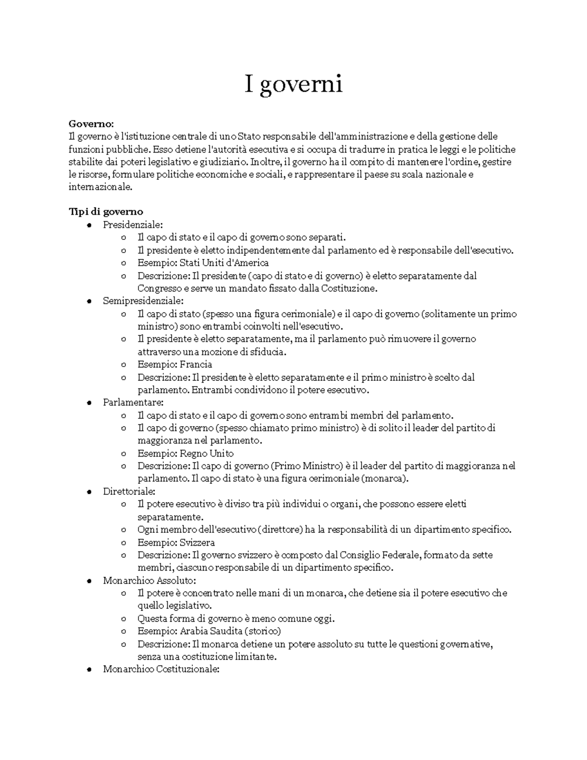 Governi - Riassunto Scienze politiche e relazioni internazionali - I ...