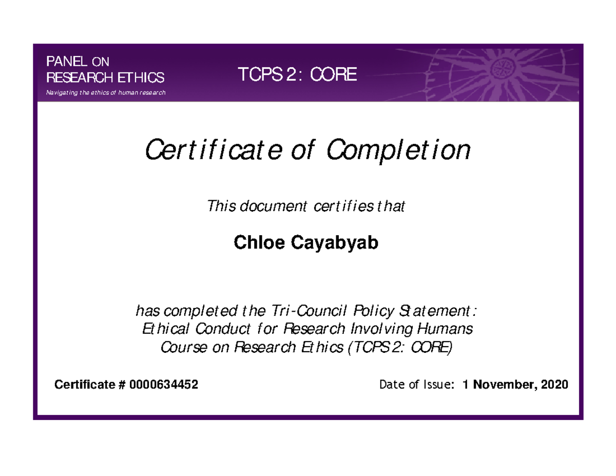 Tcps2 core certificate - RAPP 5004 - PANEL ON RESEARCH ETHICS ...