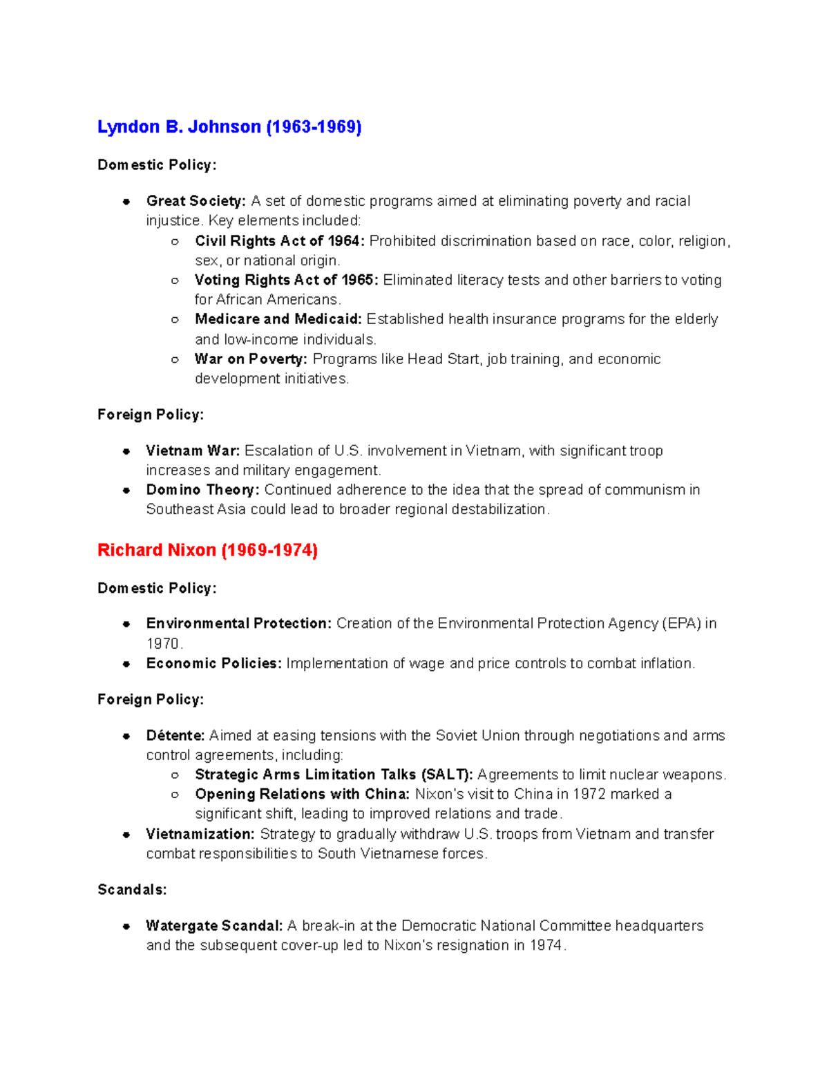 Apush presidents summary - Lyndon B. Johnson (1963-1969) Domestic ...