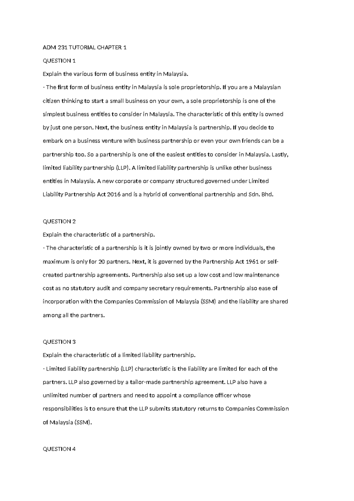 ADM 231 Tutorial Chapter 1 - ADM 231 TUTORIAL CHAPTER 1 QUESTION 1 ...