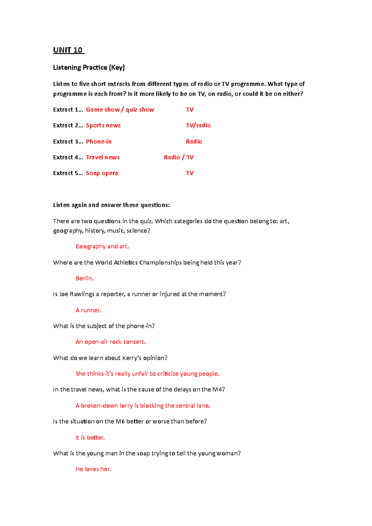 Listening Practice 10 (Key) - UNIT 10 Listening Practice (Key) Listen ...