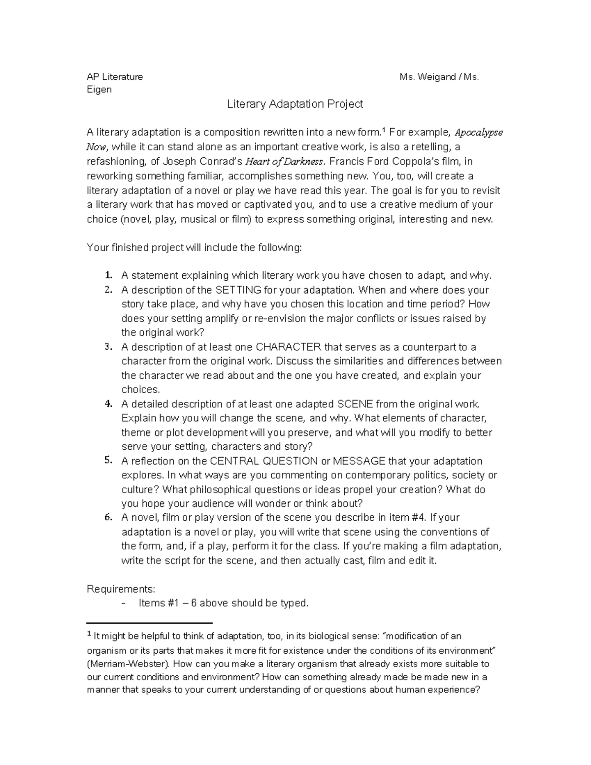Literary adaptation - NOTES - AP Literature Ms. Weigand / Ms. Eigen ...