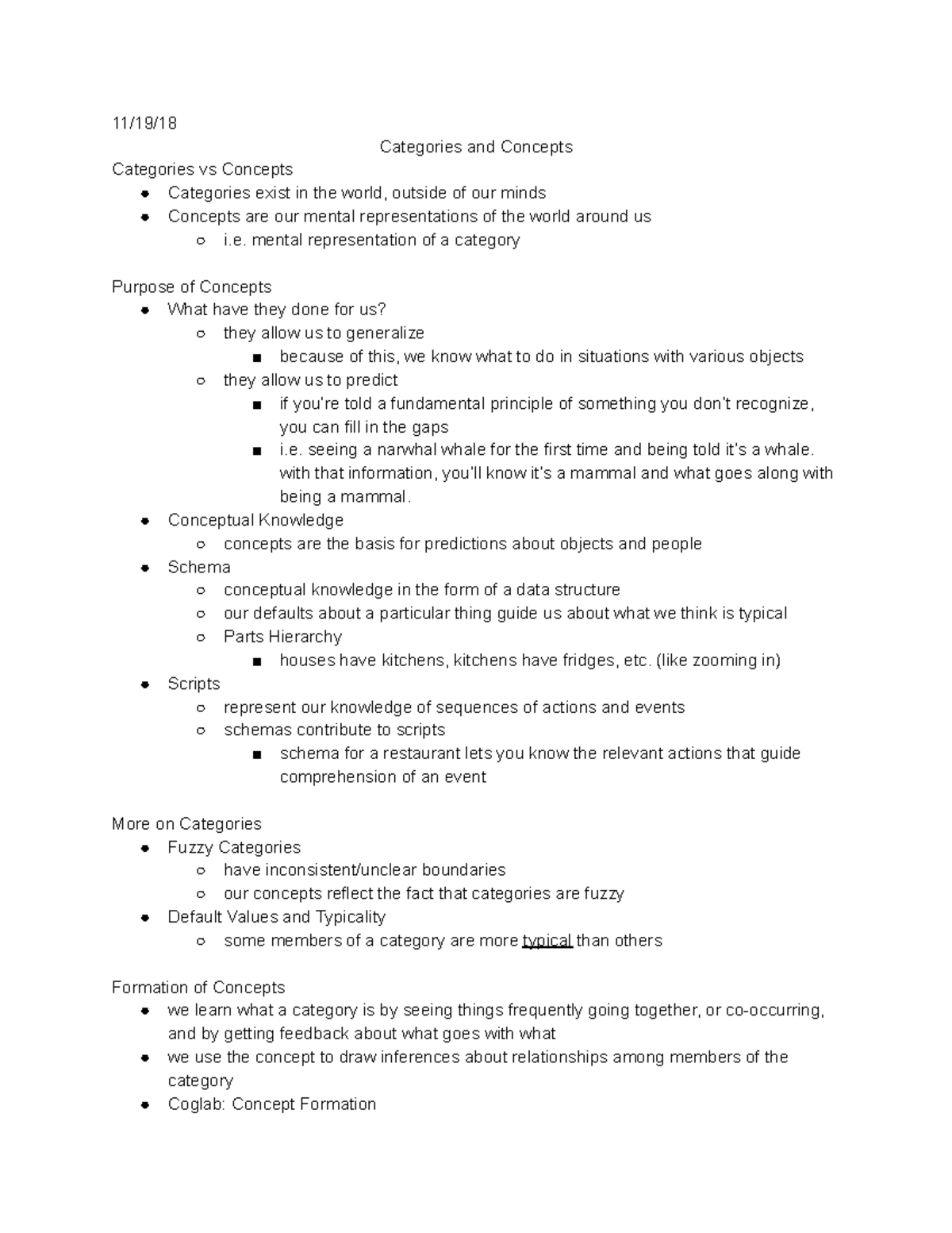Cognitive Psych - Week 8 - 11/19/ Categories and Concepts Categories vs ...