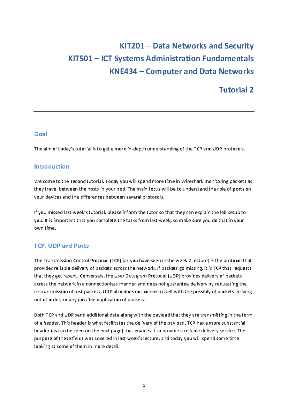 Kit501-lecture Tutorial 02 - KIT201 – Data Networks and Security KIT501 ...