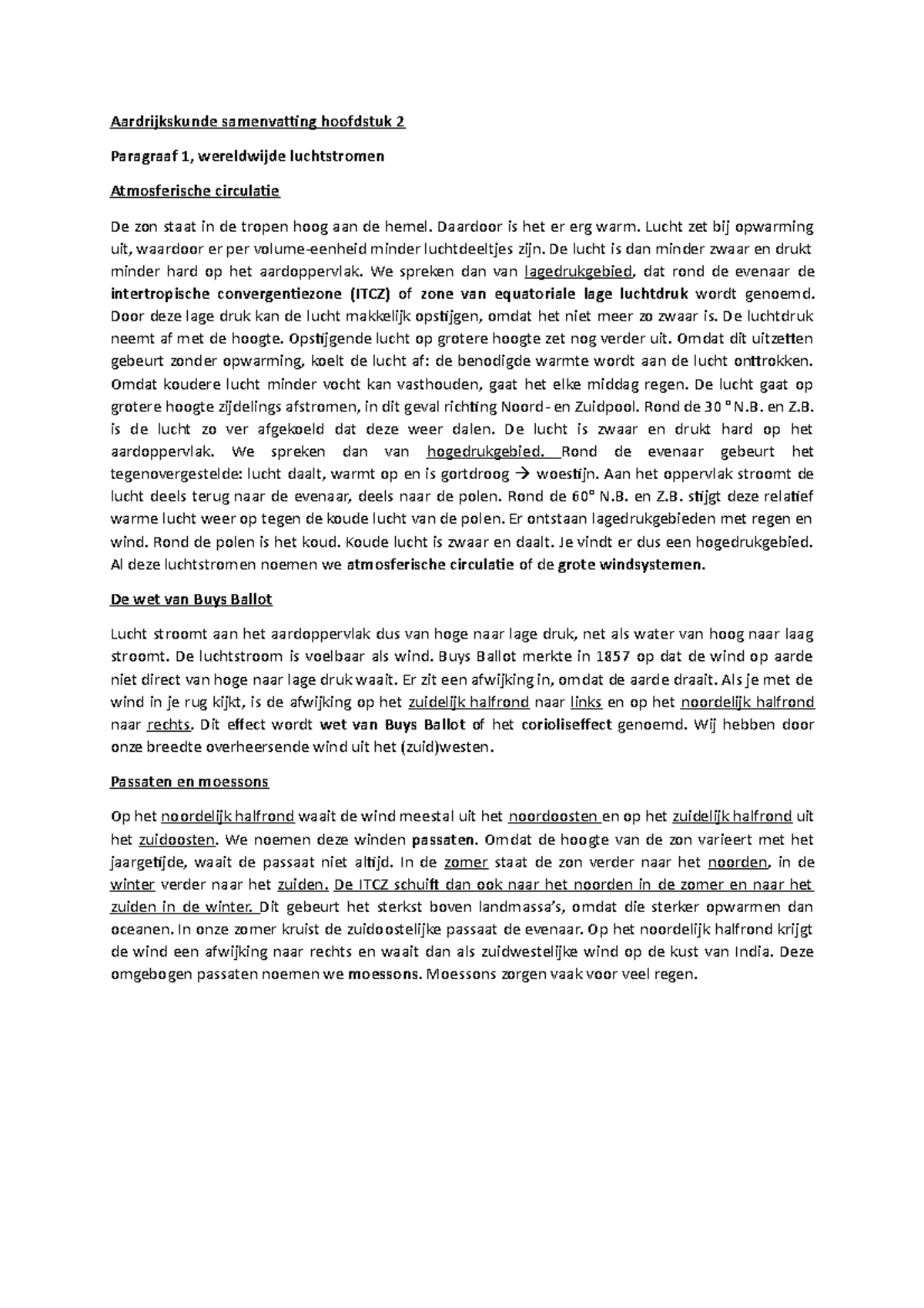 Köppen - BEHHH - Aardrijkskunde samenvatting hoofdstuk 2 Paragraaf 1, wereldwijde luchtstromen ...