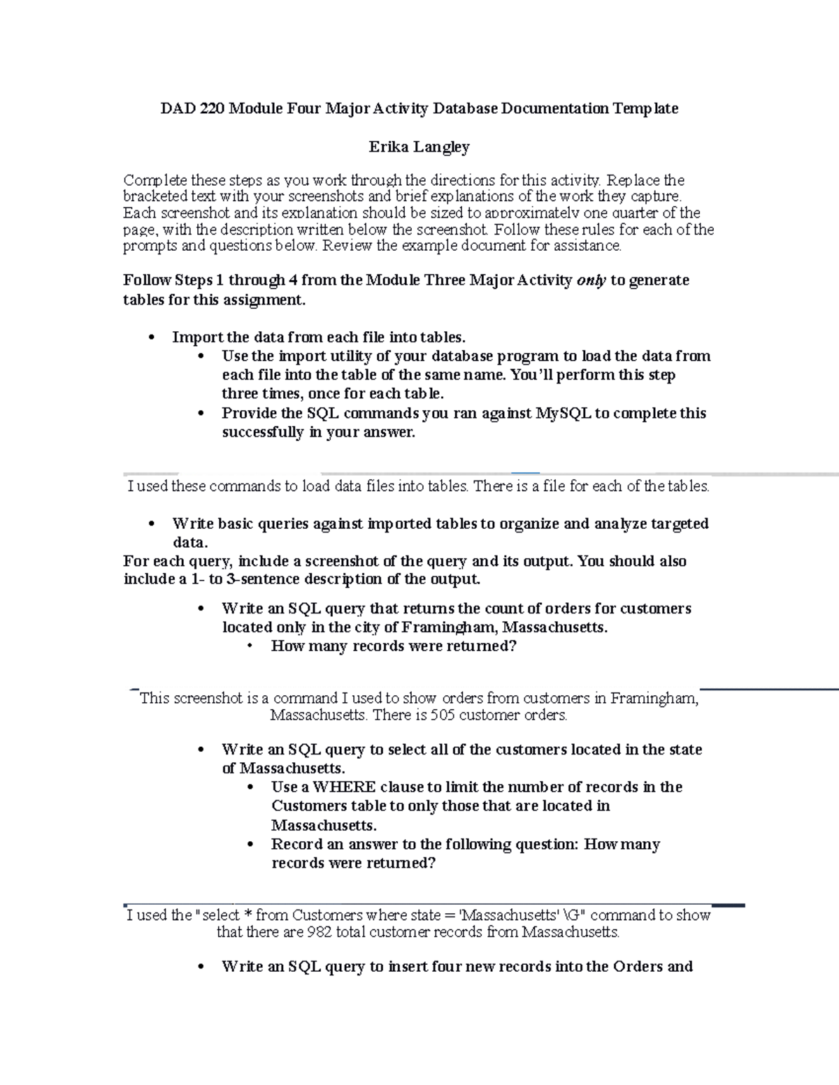 DAD 220 Elangley Module Four Major Activity Database Documentation - Replace the bracketed text ...
