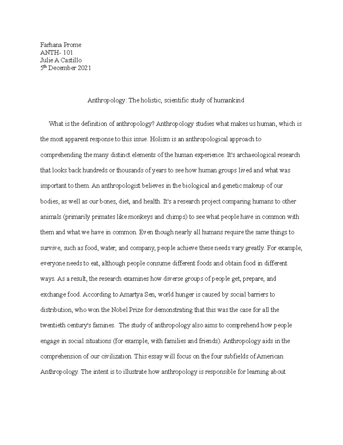 Anthropology concept paper - Farhana Prome ANTH- 101 Julie A Castillo 5 ...