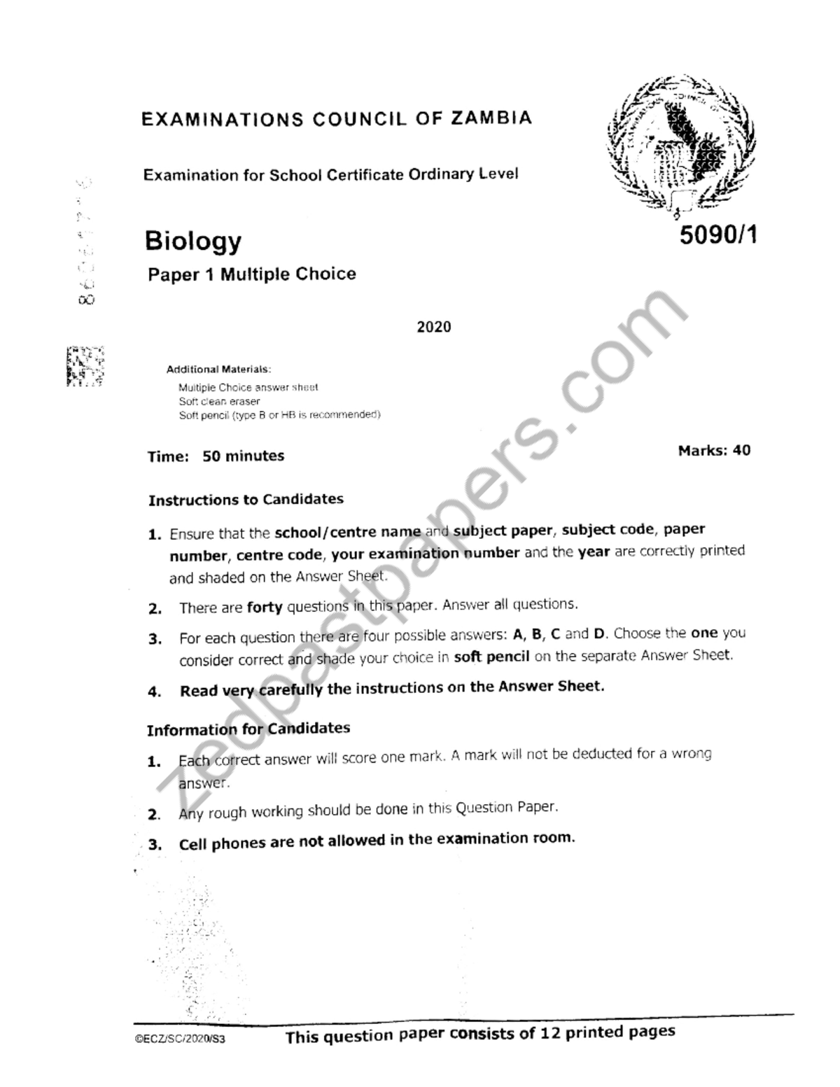 G12 Biology Paper P1 2020 - EXAMINATIONS COUNCIL OF ZAMBIA Examination ...
