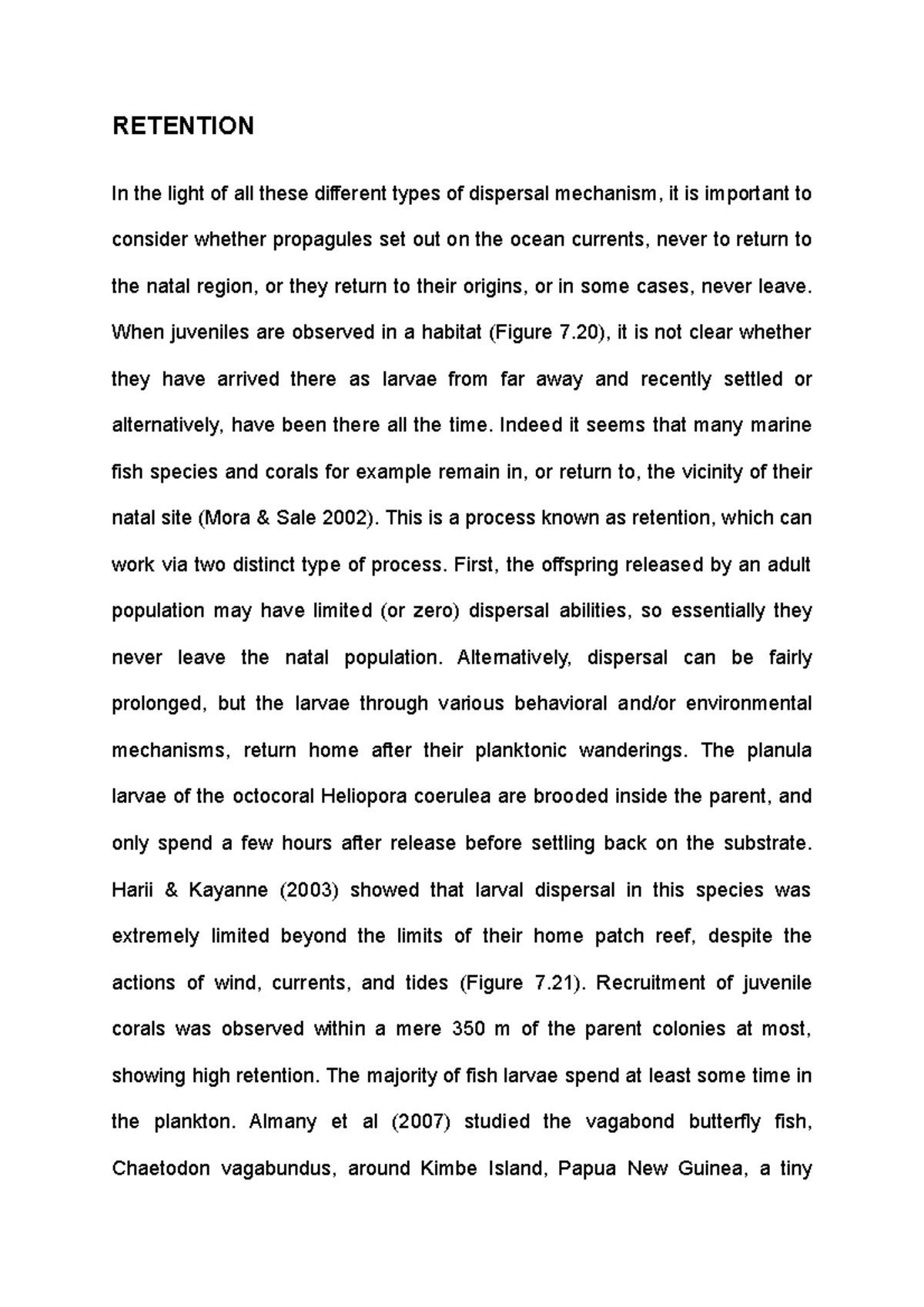Retention Lectures Note Related To Marine Ecology Retention In The