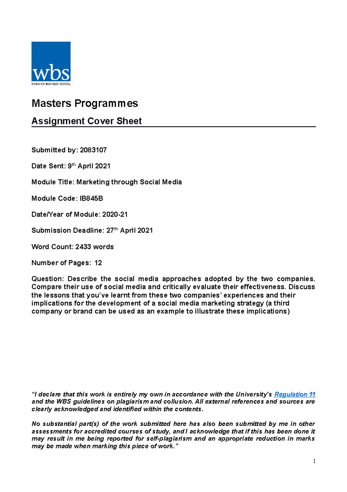 Marketing Assignment 2083107 - Masters Programmes Assignment Cover ...