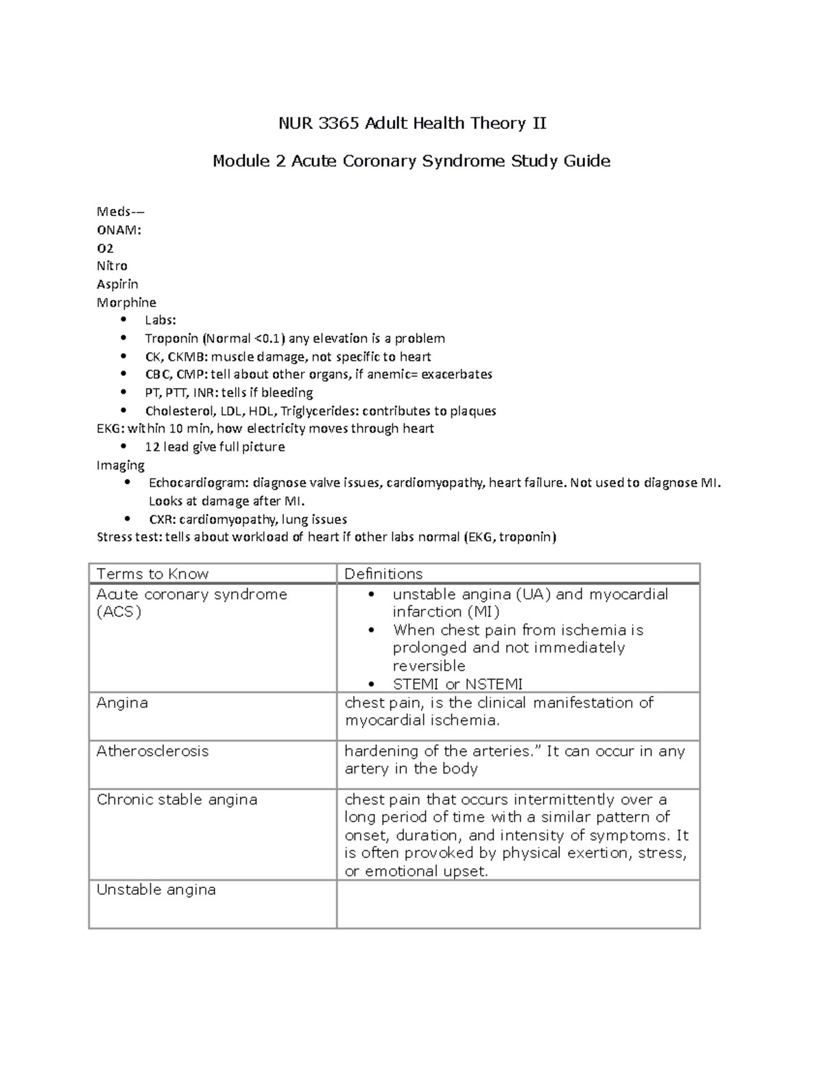 NUR 3365 Module 2 Acute Coronary Syndrome Study Guide - NUR 3365 Adult ...