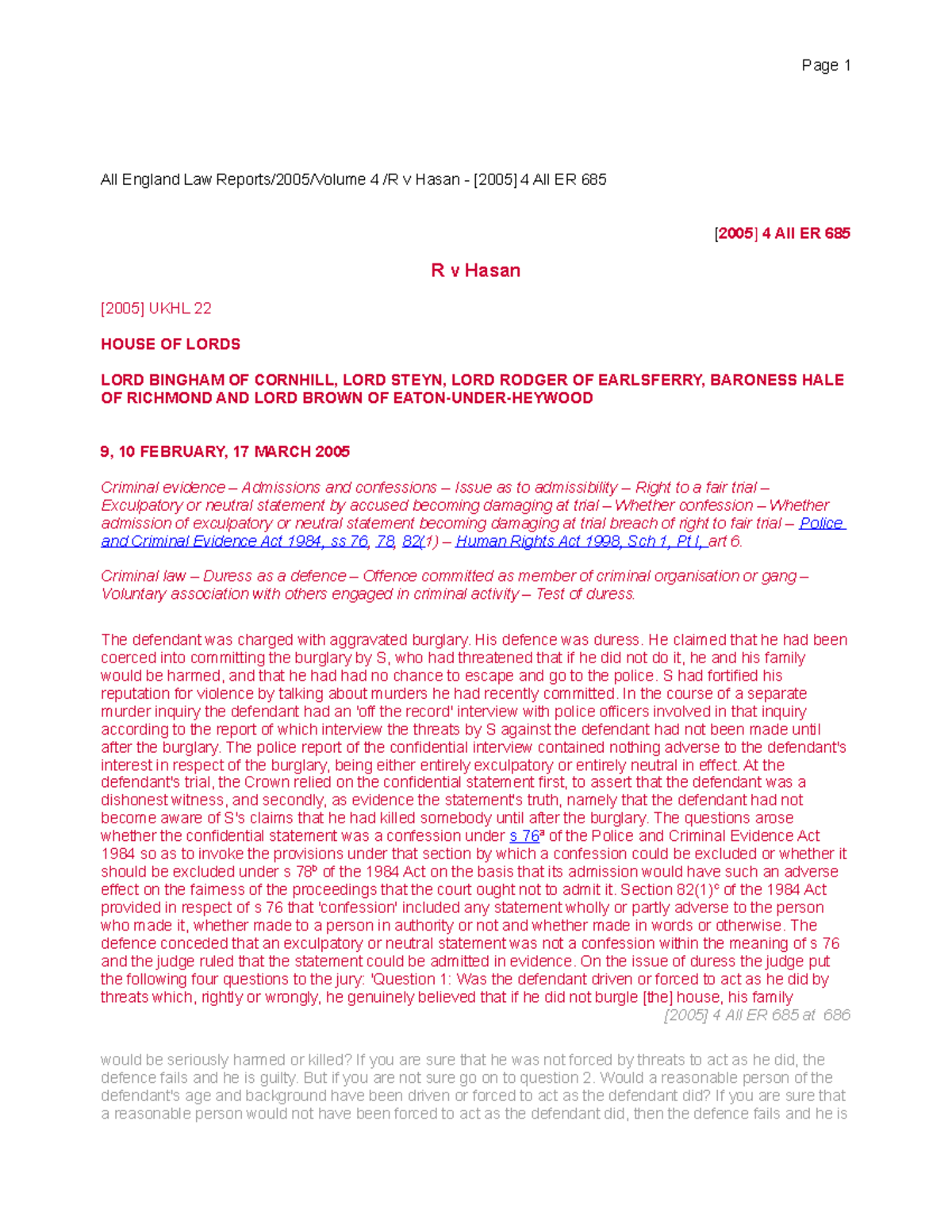 R v Hasan - [2005 ] 4 All ER 685 - All England Law Reports/2005/Volume ...