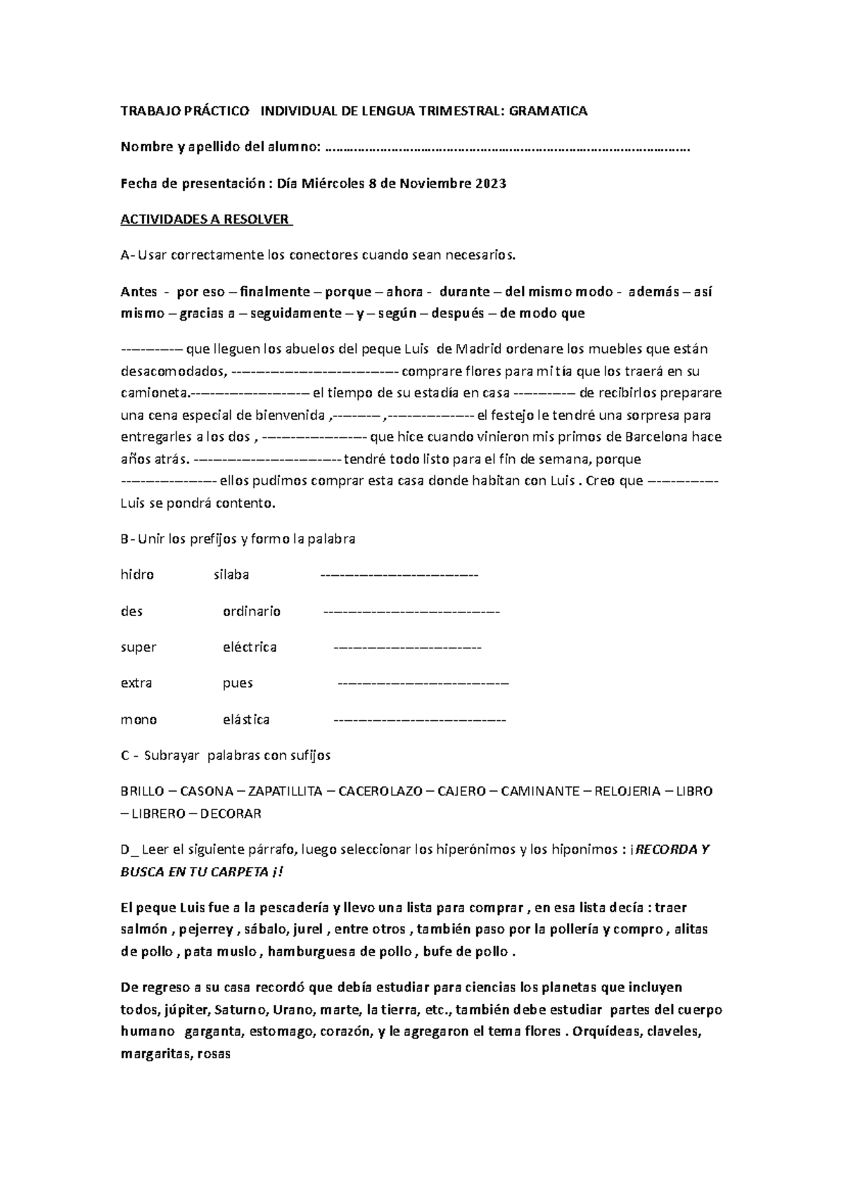Trabajos practicos de lengua - TRABAJO PRÁCTICO INDIVIDUAL DE LENGUA ...