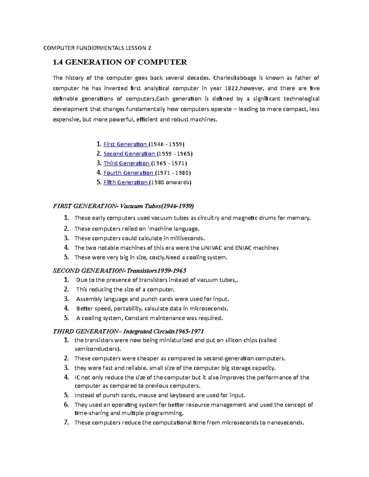 Computer Fundermentals - COMPUTER FUNDERMENTALS LESSON 2 1 GENERATION ...