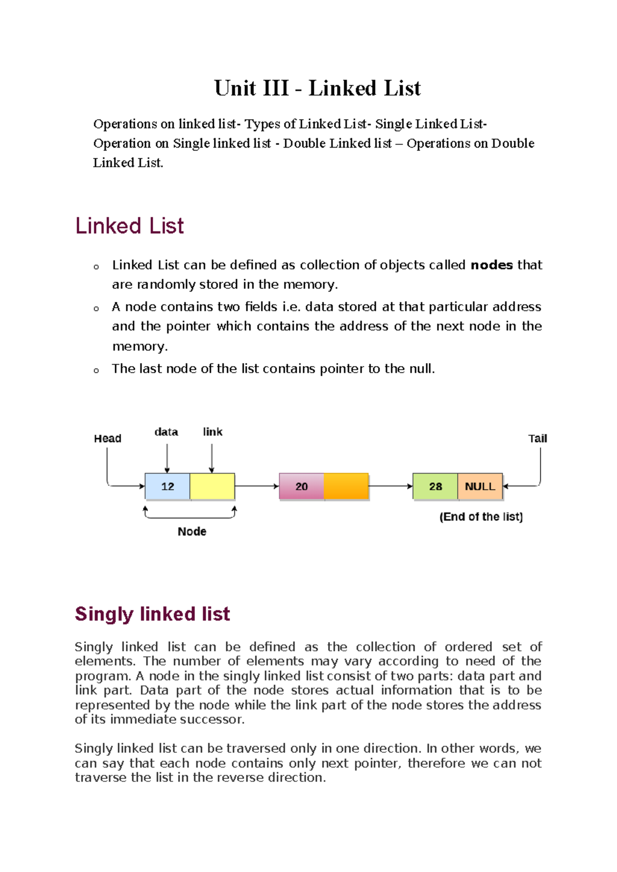 DS UNIT III - Hsjejje - Unit III - Linked List Operations on linked list- Types of Linked List ...
